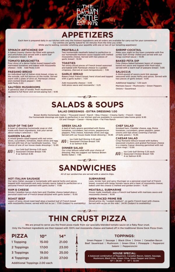 Main Menu - The Brown Bottle in Downtown Waterloo